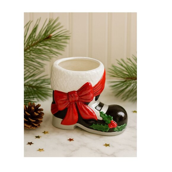 Ceramic | Holiday | Vintage Ceramic Santa Boot Planter With Red Bow ...